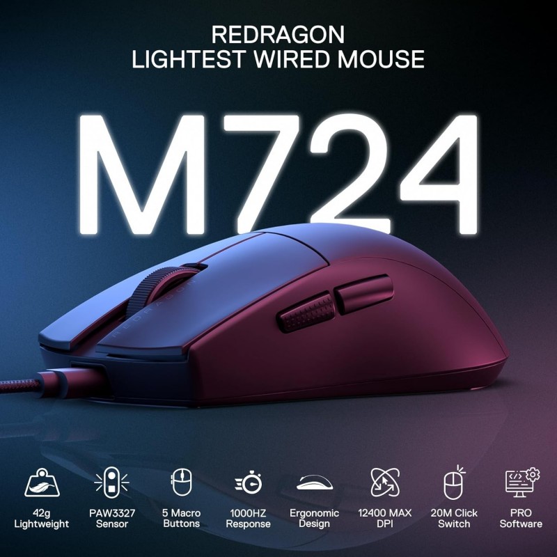 Mouse Redragon M724 - 42G ultraligero 12,400 DPI
